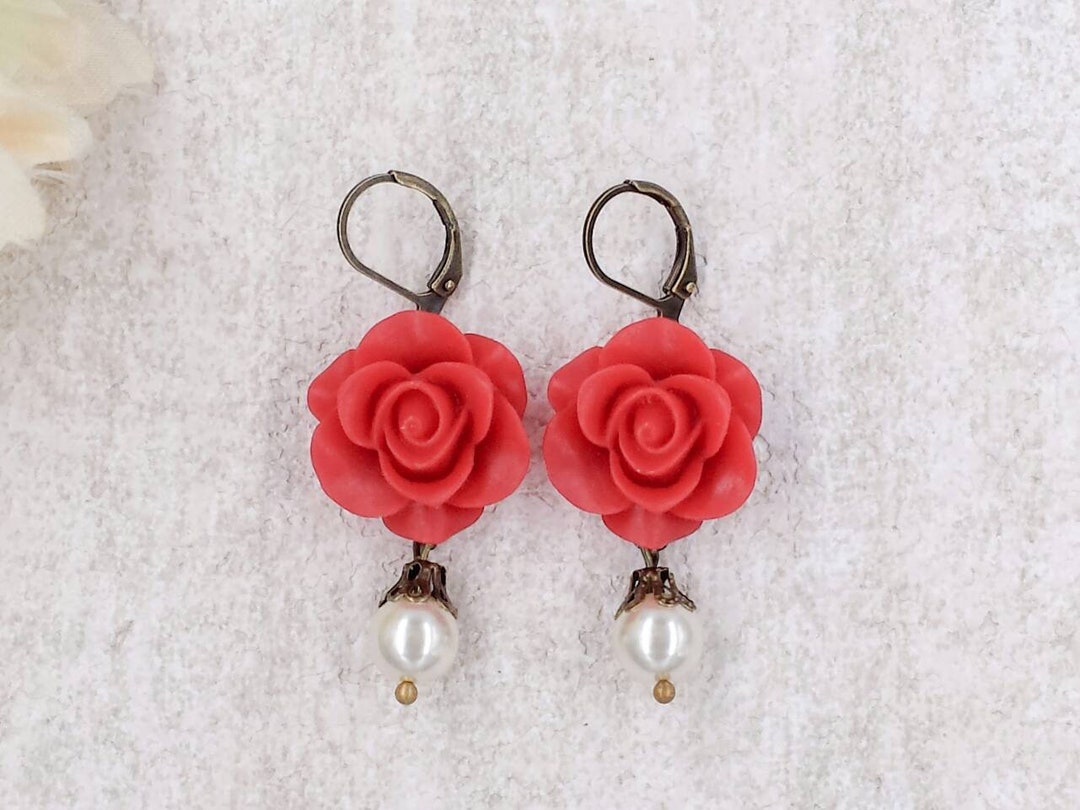 Red Rose Earrings- Cream White Pearl Flower Vintage Inspired Romantic ...