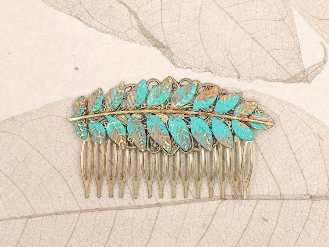 Leaf Hair Comb Verdigris Patina Leaf Comb Green and Gold Rustic Wedding ...