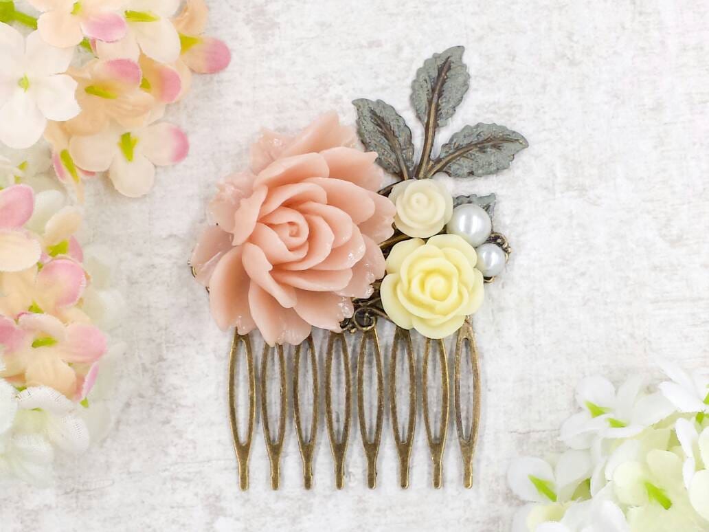 Blush Rose Comb Sage and Soft Pink Rose Flower Hair Comb Pink | Etsy