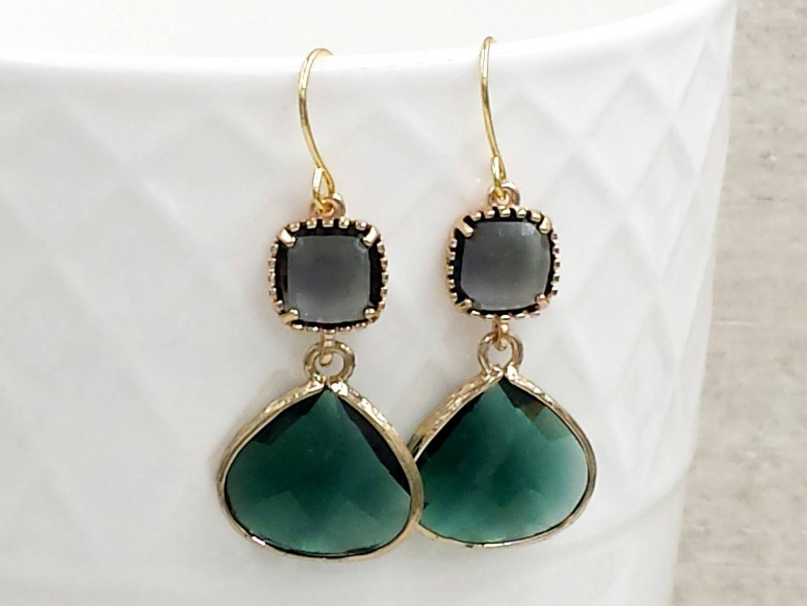 Emerald Green and Gray Earrings Dark Green Charcoal Grey Diamond Black ...