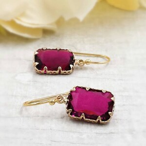 Magenta Glass Crystal Earrings Fuchsia Purple Earrings Rectangle ...
