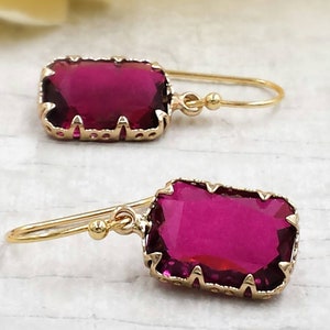 Magenta Glass Crystal Earrings Fuchsia Purple Earrings Rectangle ...