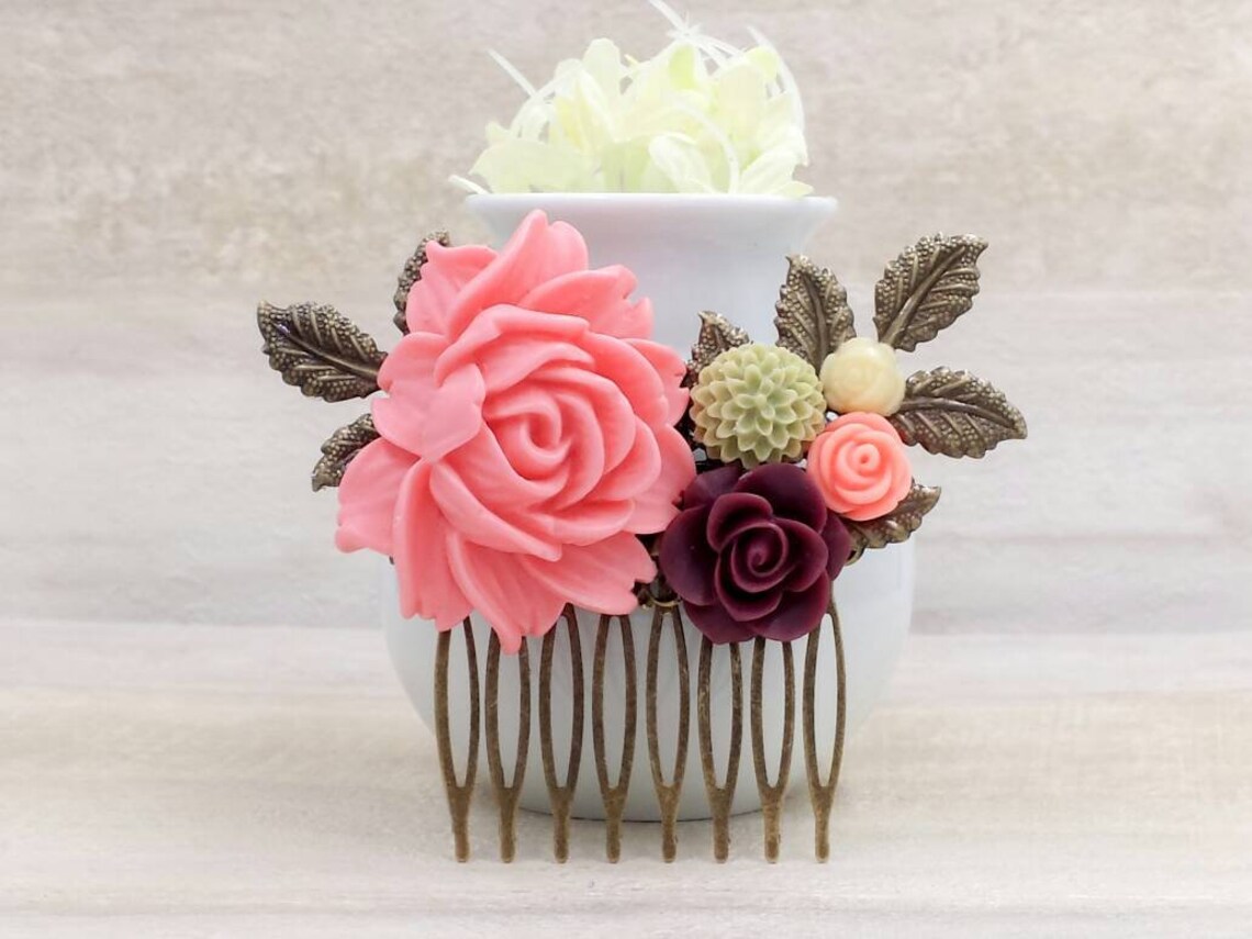 Pink Coral and Spring Green Hair Comb Pink Rose Decorative | Etsy