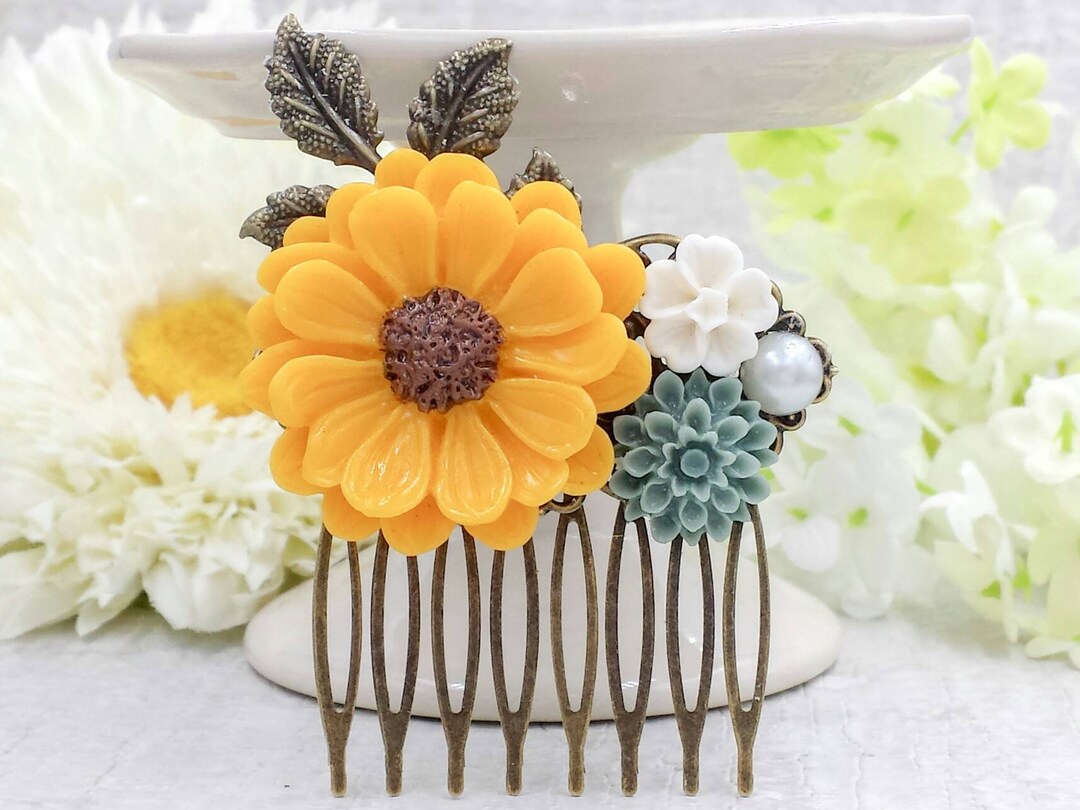 Daisy Flower Comb Yellow and Blue Hair Comb Sunshine Yellow Hair Comb ...