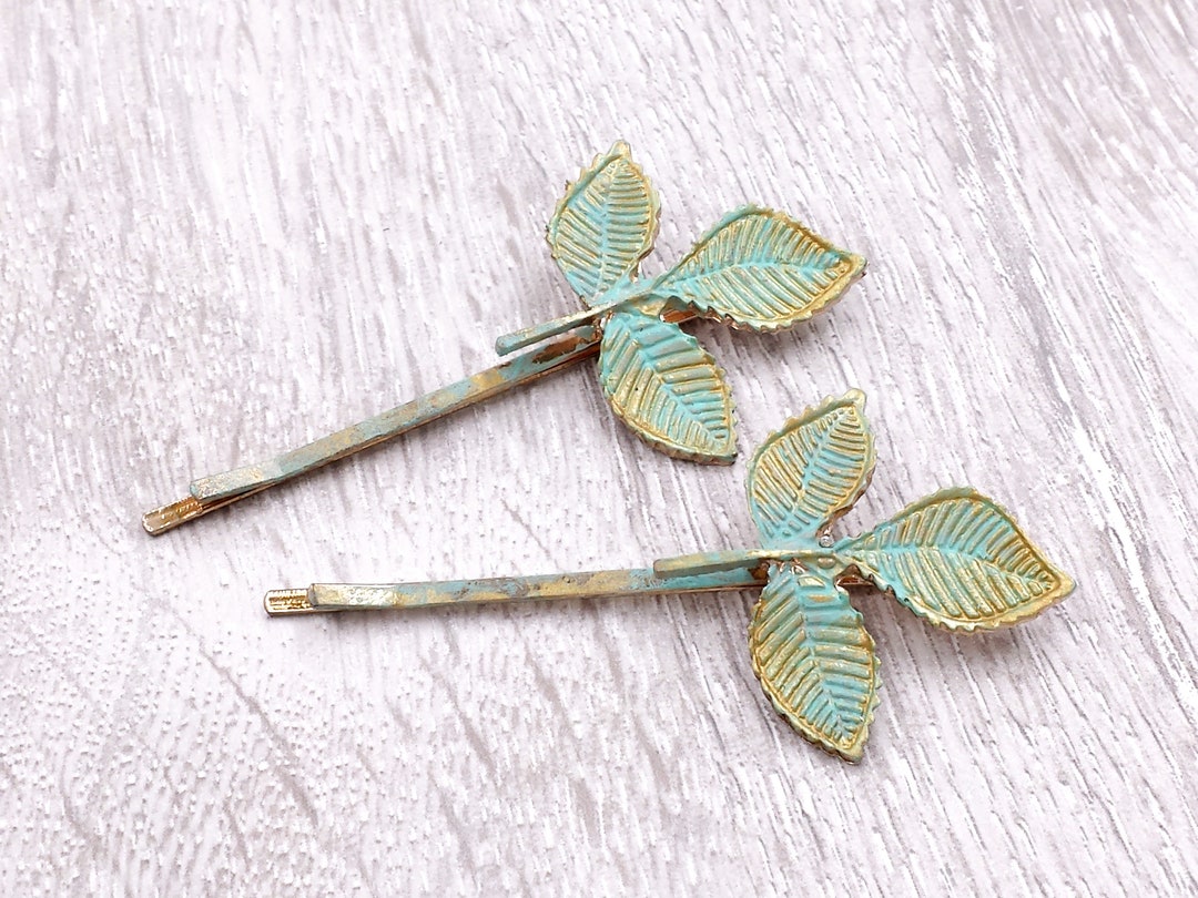 Branch Bobby Pins Verdigris Patina Leaf Bobby Pin Hand Paint Leaves ...