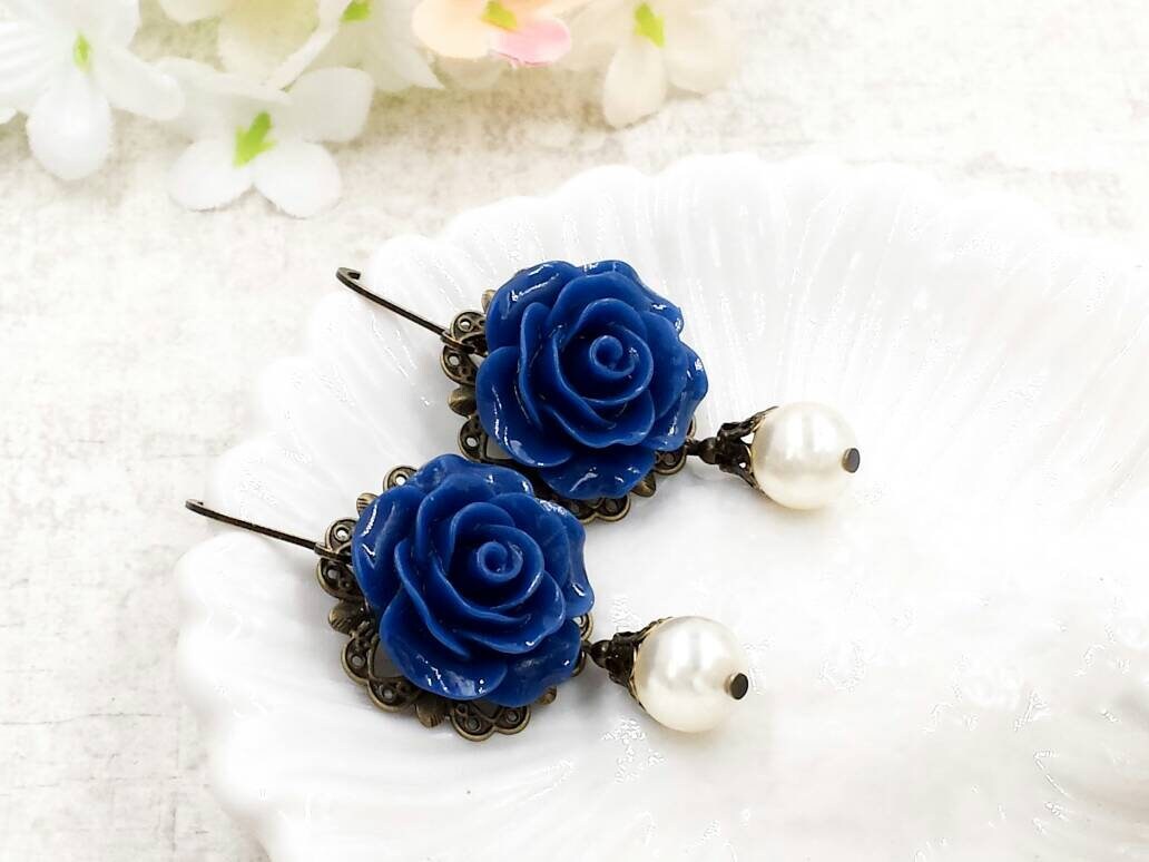 Navy Blue Rose Earrings Dark Blue Flower Cream White Pearl | Etsy