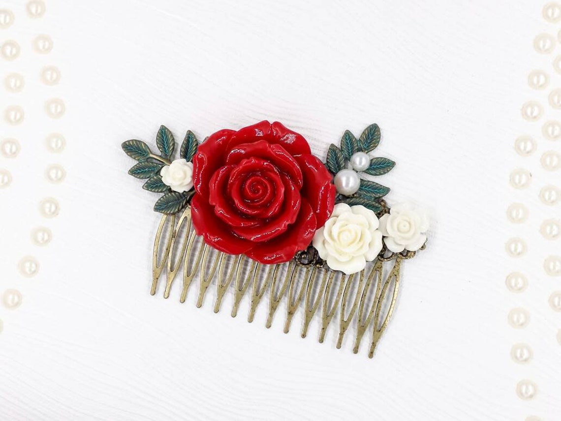 Red Wedding Hair Comb Red Rose Hair Comb Ivory White Flower | Etsy