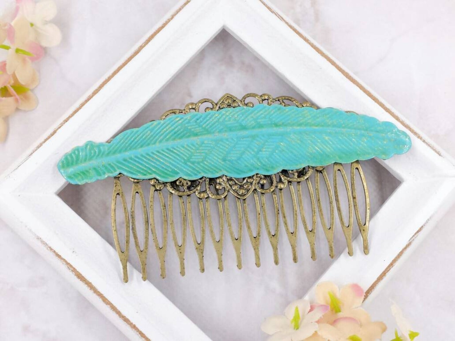 Feather Comb 3 Colors Verdigris Patina Large Feather Hair - Etsy