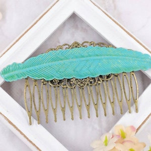 Feather Comb 3 Colors Verdigris Patina Large Feather Hair Comb Teal ...