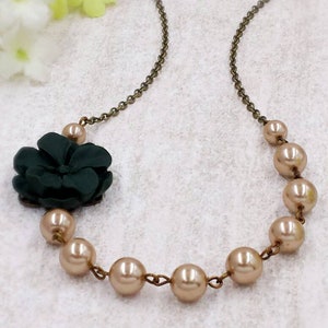 Forest Green Flower Necklace Greenery Floral Gold Gold Pearl Necklace ...