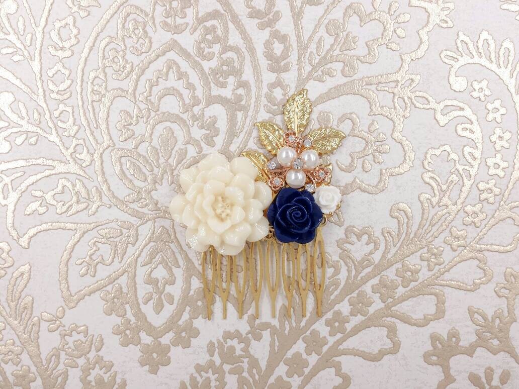 Ivory and Blue Bridal Comb Dark Blue Navy Rose Hair Comb Ivory | Etsy