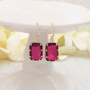 Magenta Glass Crystal Earrings Fuchsia Purple Earrings Rectangle ...
