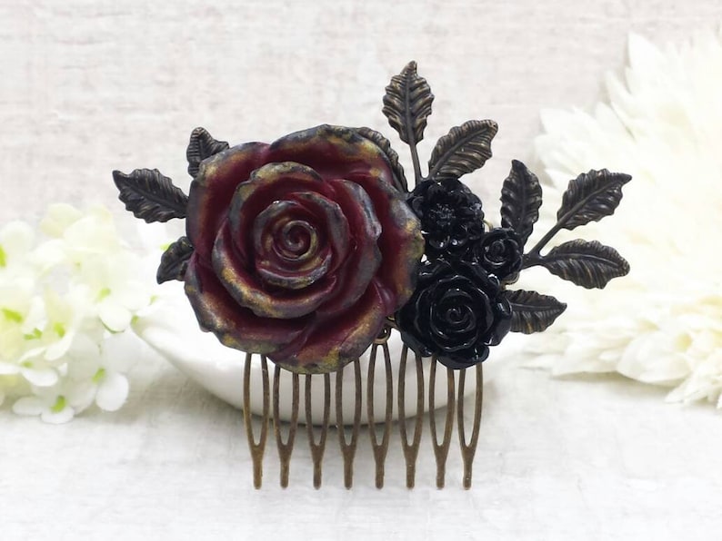 Dark Red Rose Hair Comb Hand Painted Black and Gold Tipped - Etsy