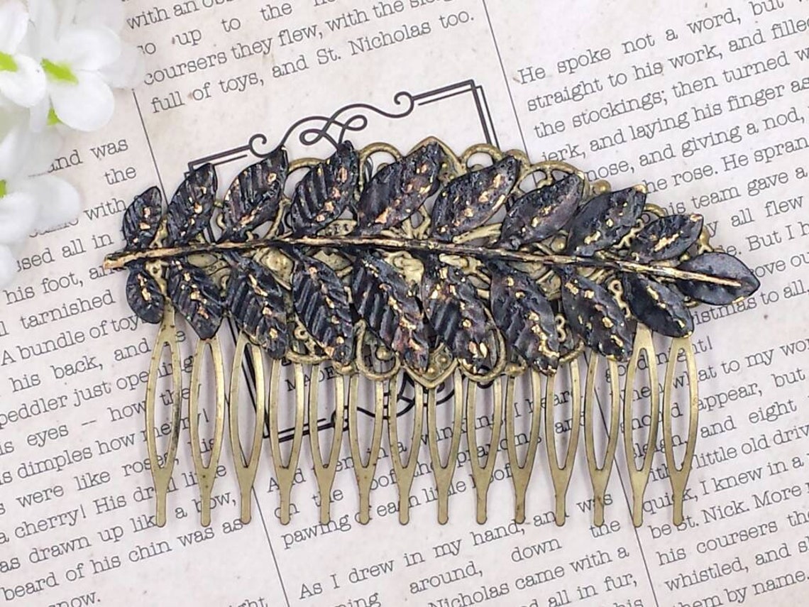 Black and Gold Leaf Comb Black Branch Comb Black Patina Leaf | Etsy