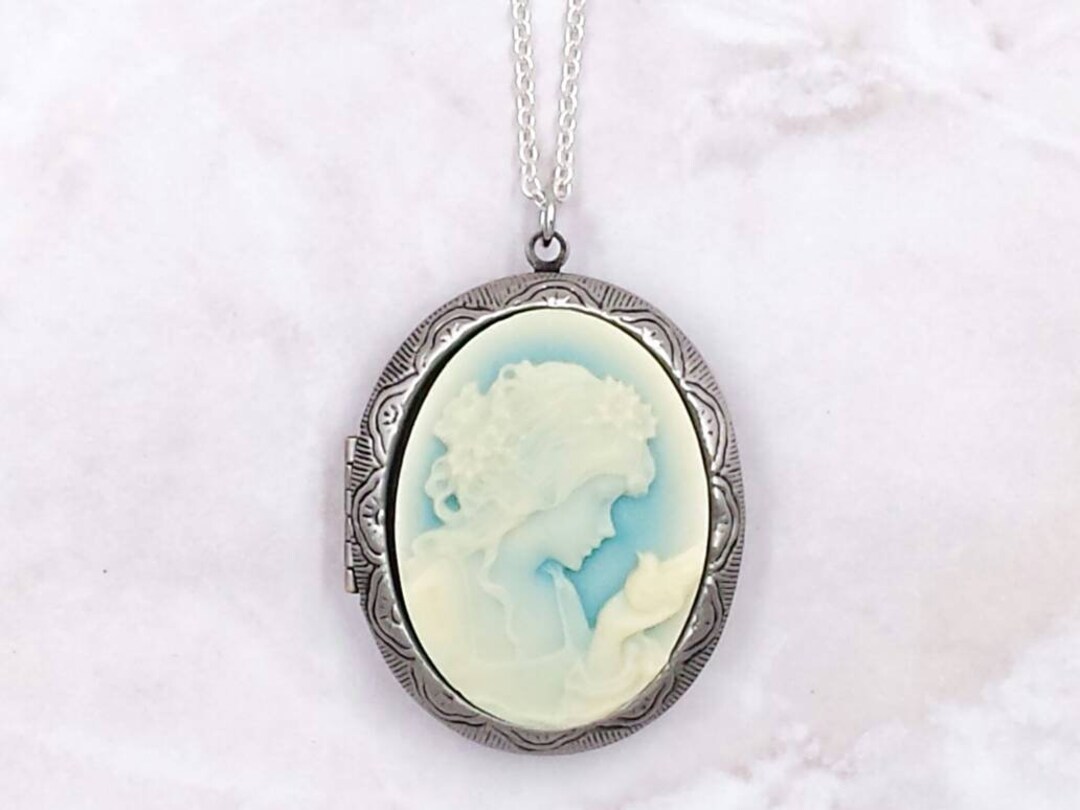 Lady Cameo Locket- Blue and Cream White Cameo Necklace Antiqued Silver ...