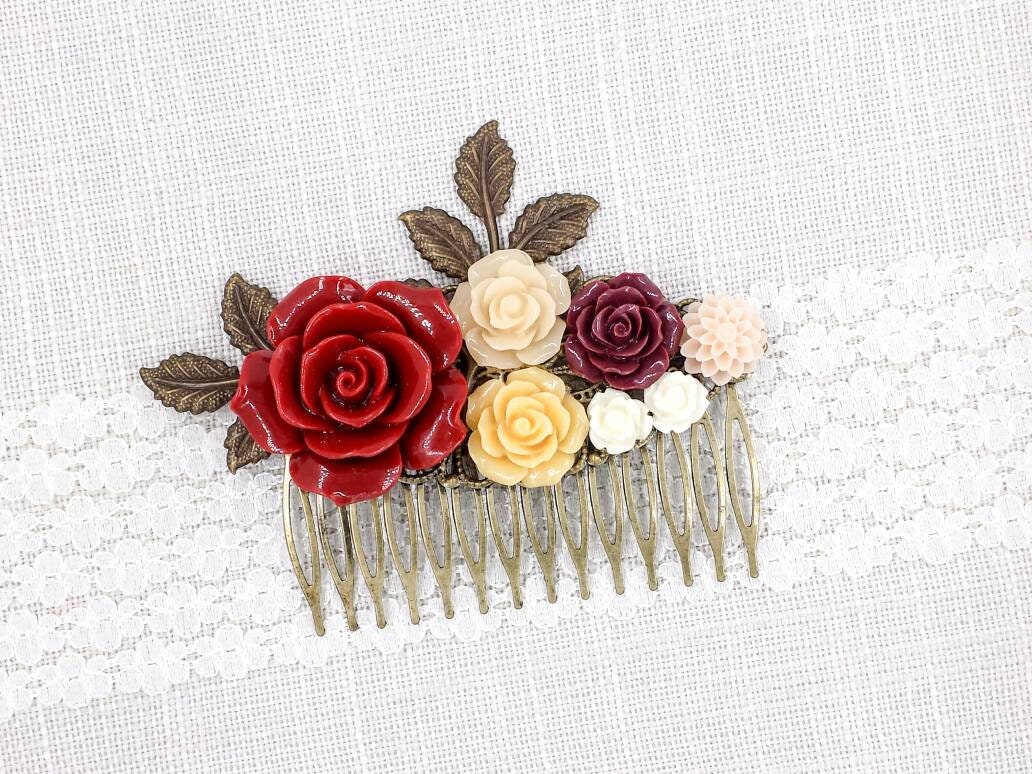 Red Wedding Hair Comb Red Rose Hair Comb Ivory Flower Burgundy | Etsy