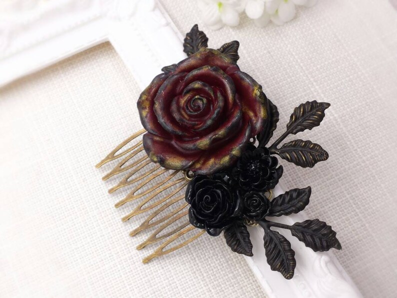 Dark Red Rose Hair Comb Hand Painted Black and Gold Tipped - Etsy