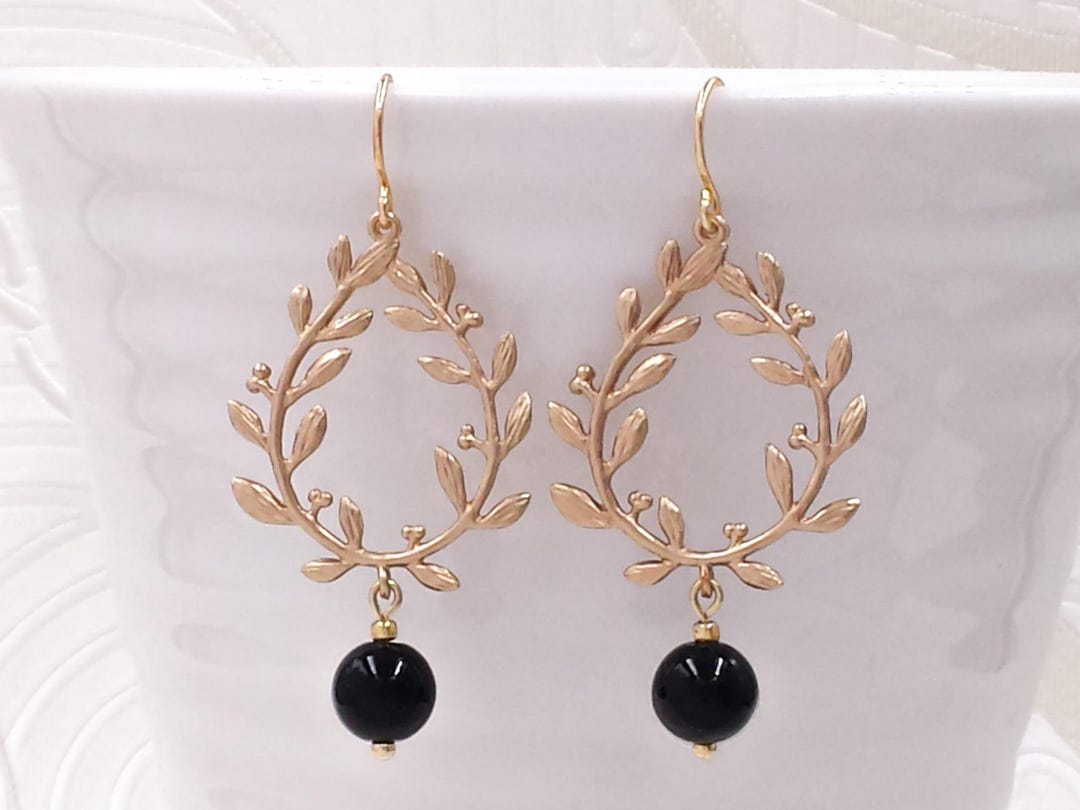 Laurel Wreath Earrings- Matte Gold Leaf Jewelry Jet Black Bead Wedding ...