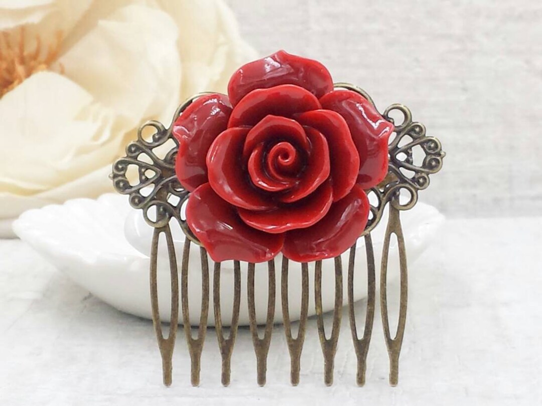 Red Flower Comb Red Rose Hair Comb Romantic Hair Accessories Prom ...