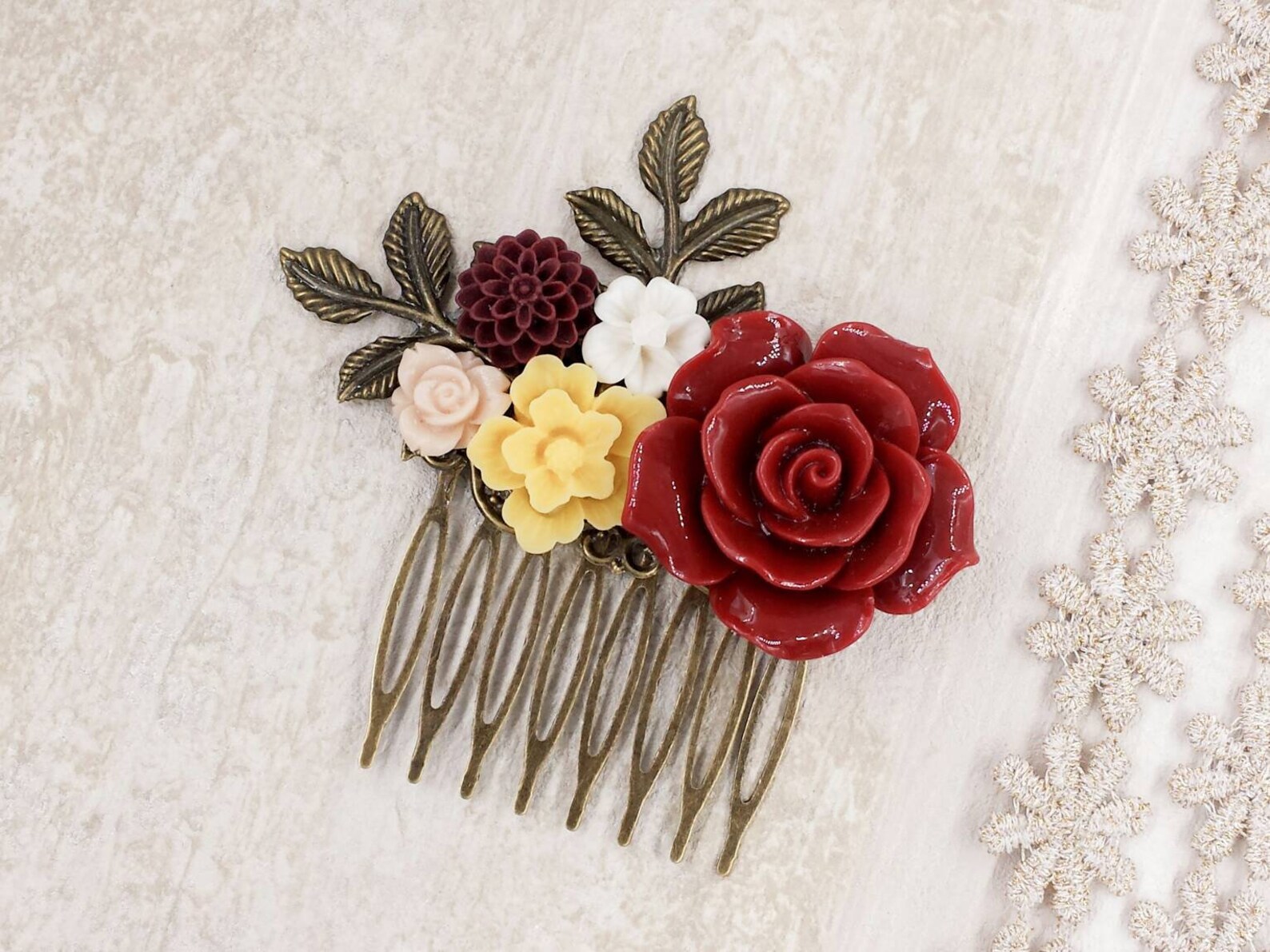 Red Rose Floral Comb Red Flower Decorative Comb County Chic | Etsy