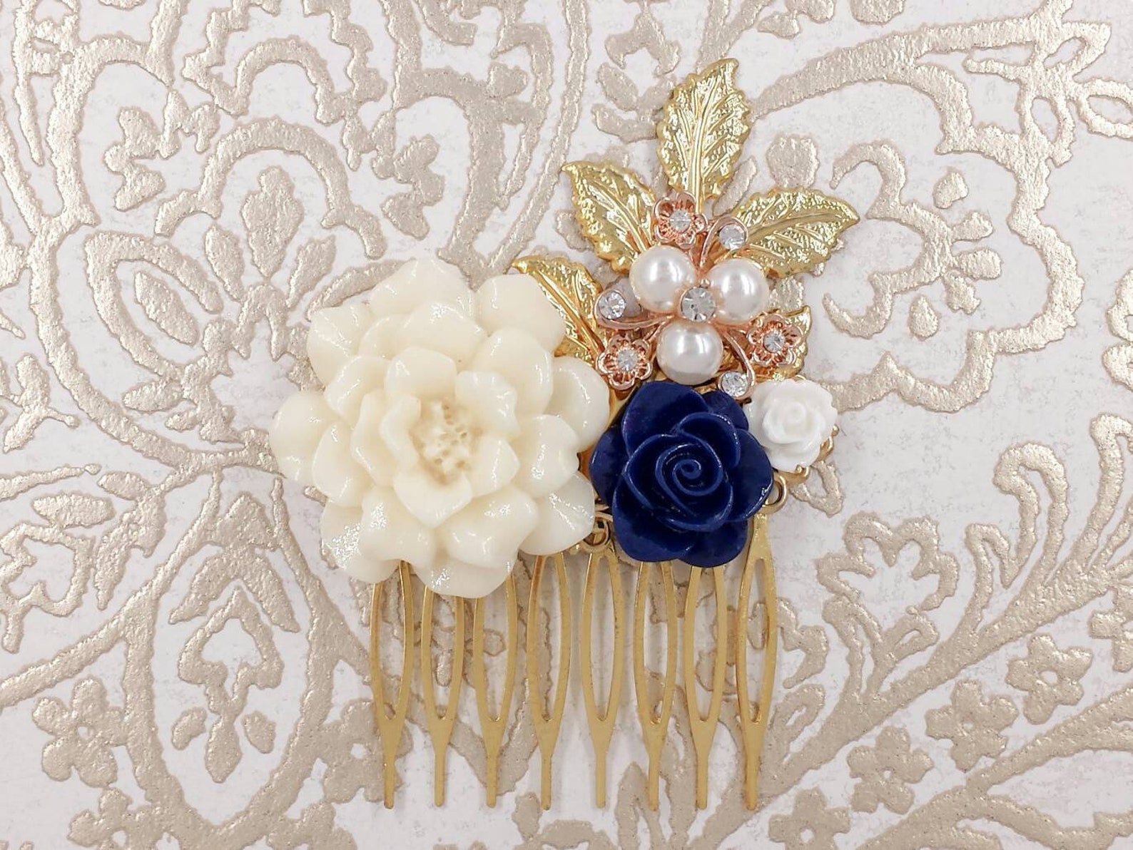 Ivory and Blue Bridal Comb Dark Blue Navy Rose Hair Comb Ivory - Etsy