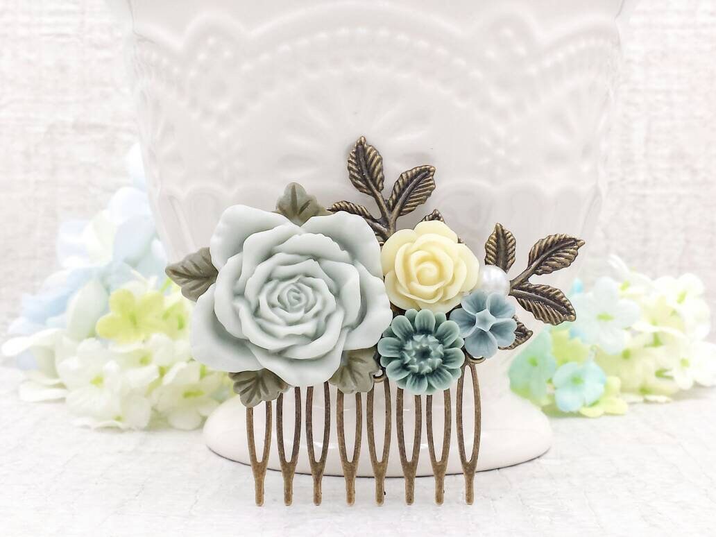 Powder Blue Comb Dusty Blue Flower Hair Comb Ivory and Blue | Etsy