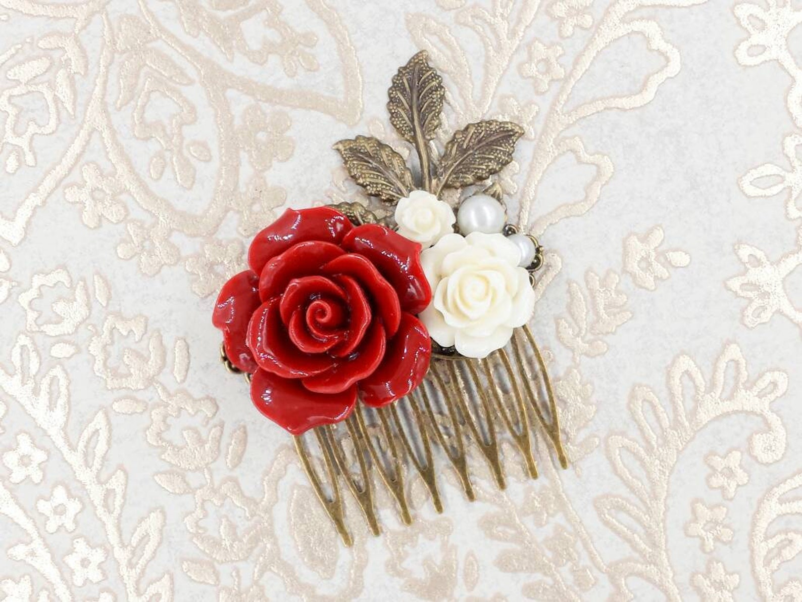 Red Rose Comb Red and White Floral Hair Comb Red Flower | Etsy