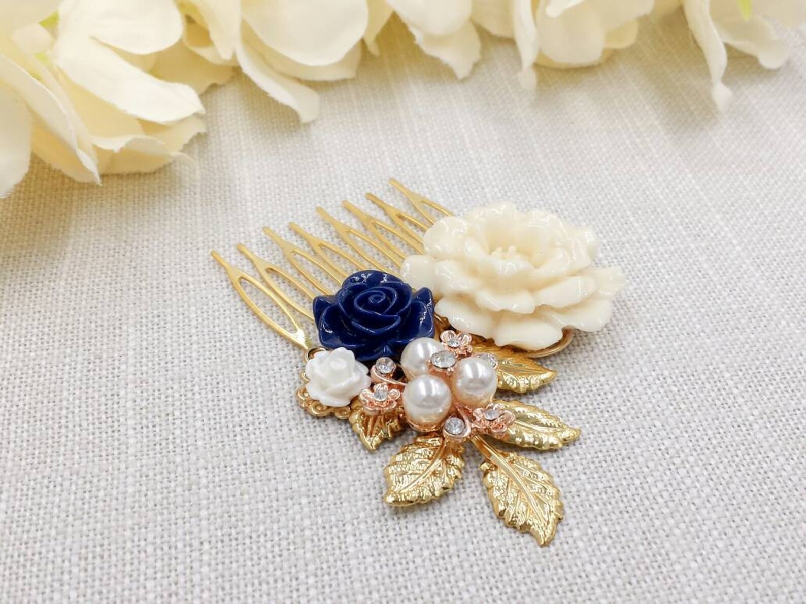 Ivory and Blue Bridal Comb Dark Blue Navy Rose Hair Comb Ivory - Etsy