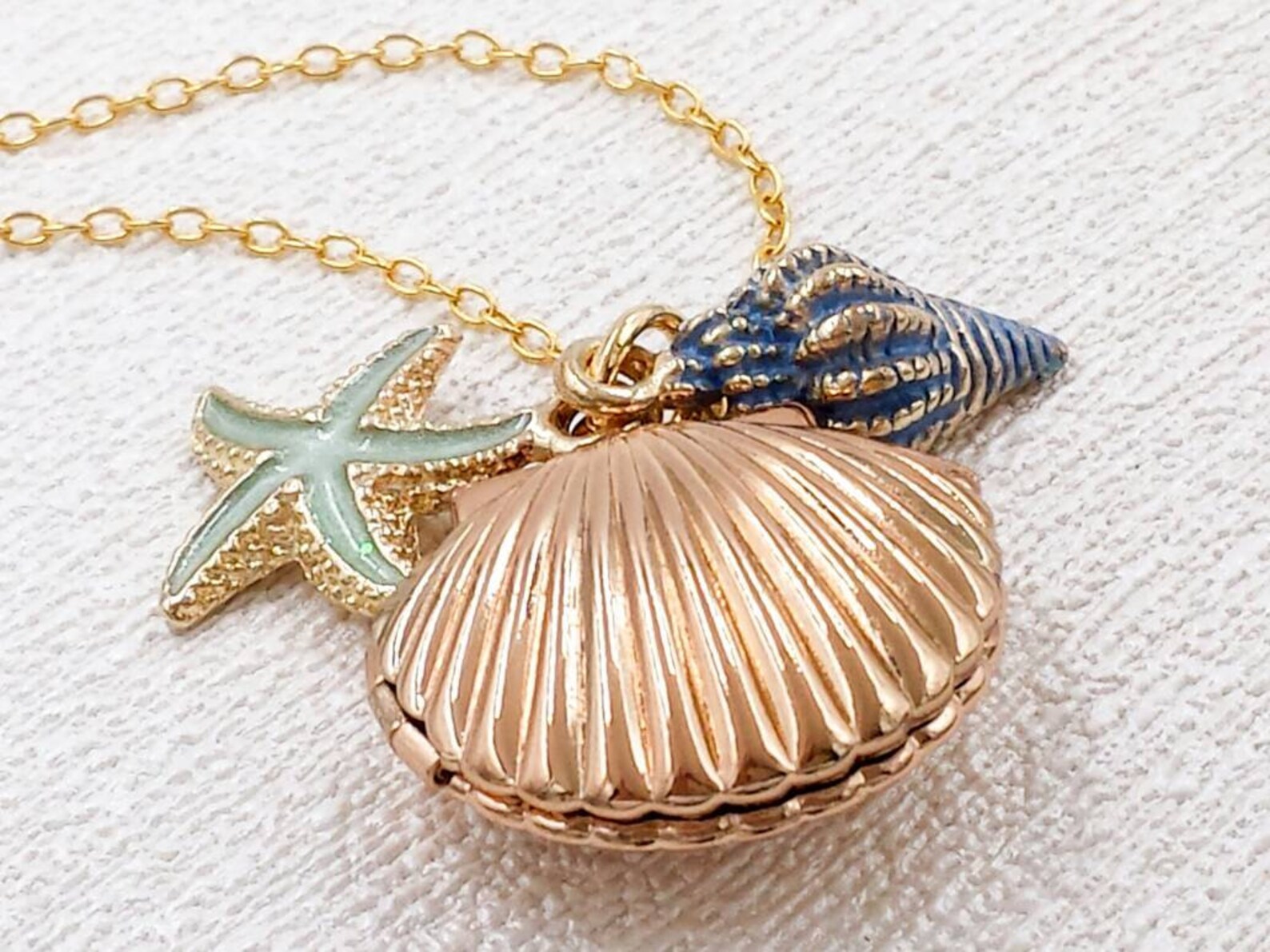 Seashell Locket Necklace- Gold Sea Shell Pendant Ocean Beach Ariel ...