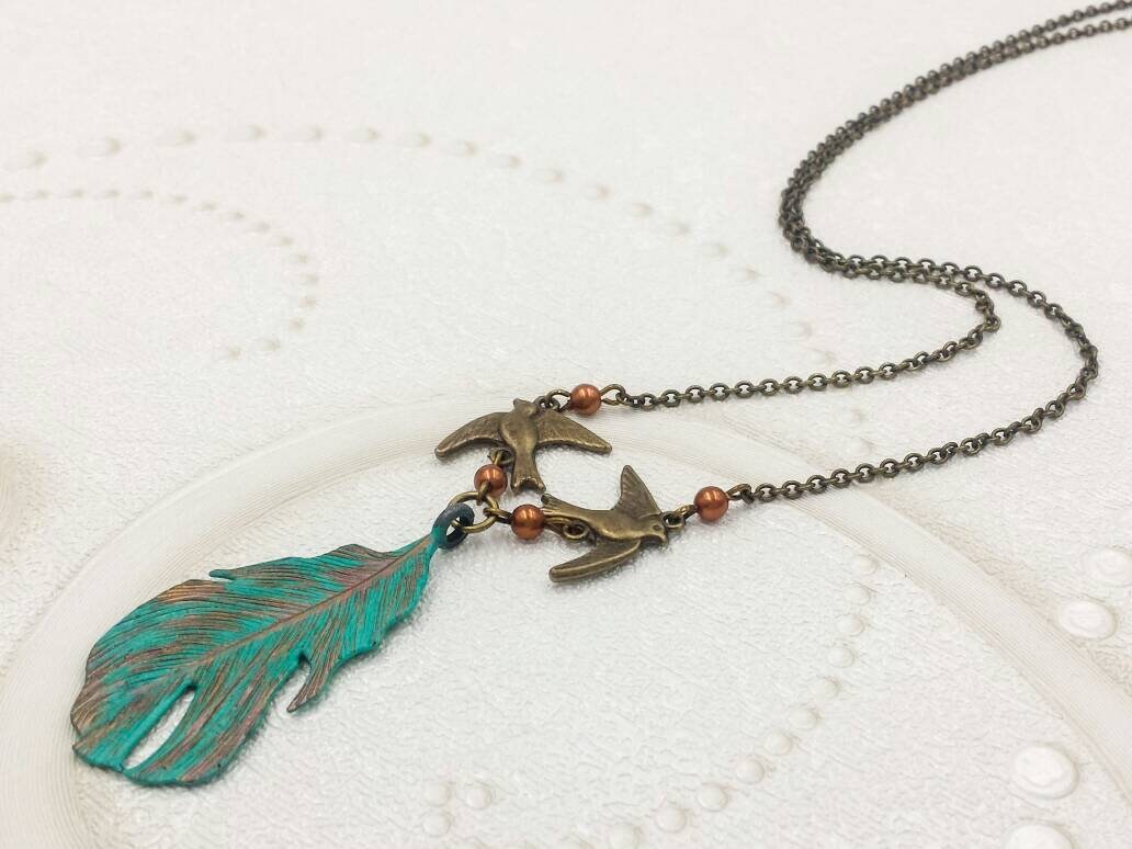 Feather Necklace Verdigris Patina Feather Swallow Bird | Etsy