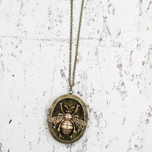 Bee Locket Necklace Queen Bee Large Photo Locket Antiqued Gold and ...