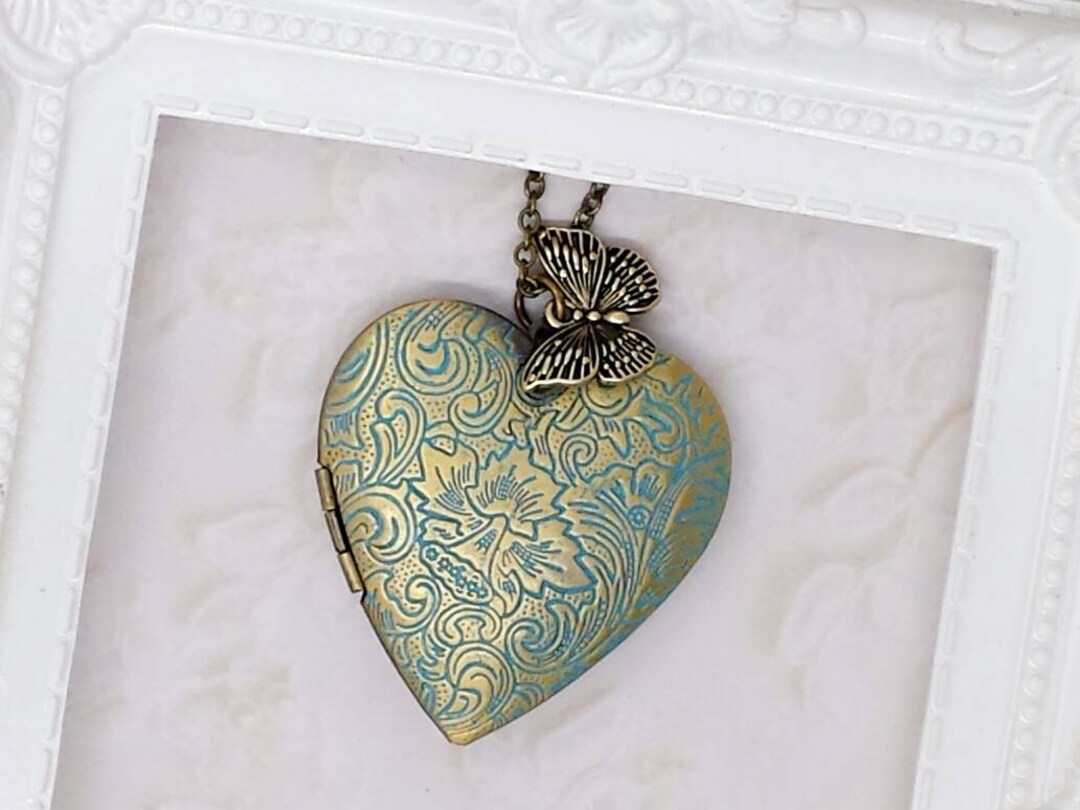 Heart Locket Necklace Purple Heart Locket Verdigris Blue Patina Gold ...