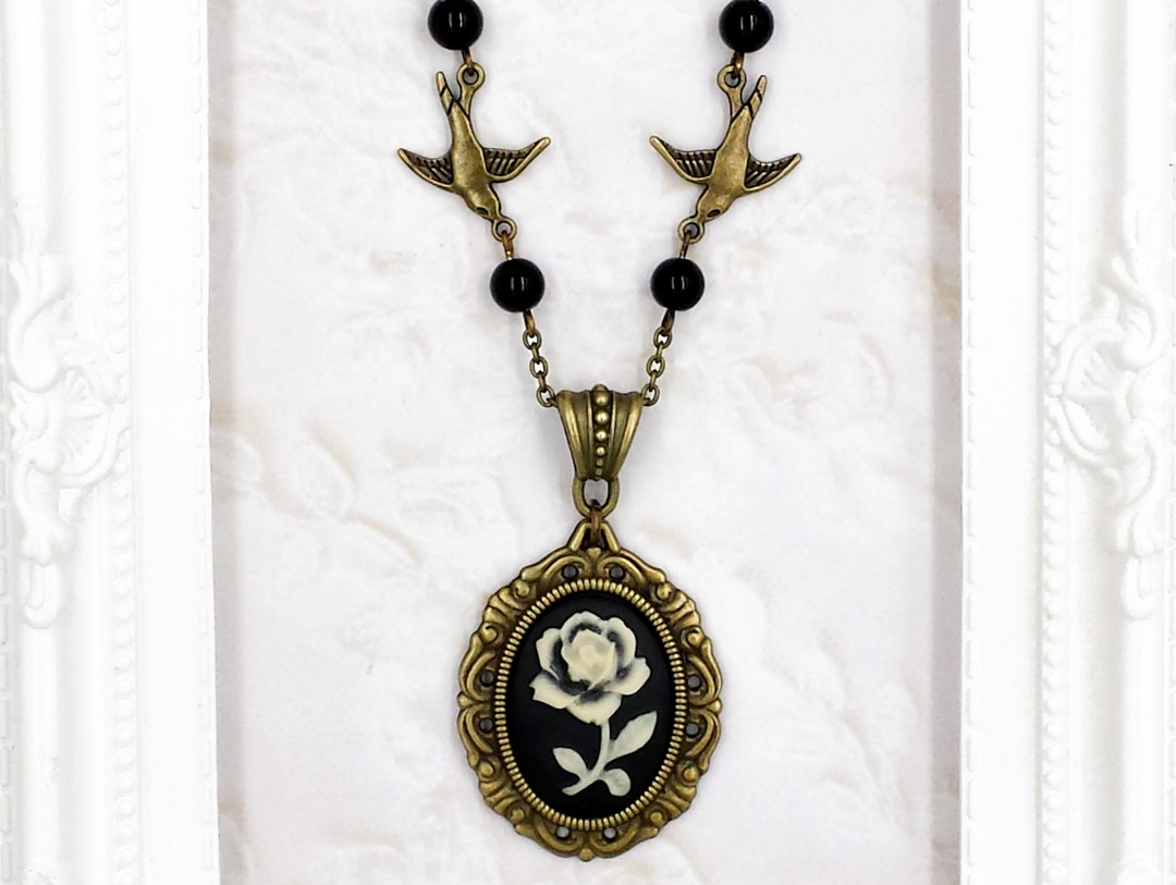 Black and Ivory Flower Cameo Pendant Vintage Inspired Swallow - Etsy