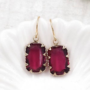 Magenta Glass Crystal Earrings Fuchsia Purple Earrings Rectangle ...