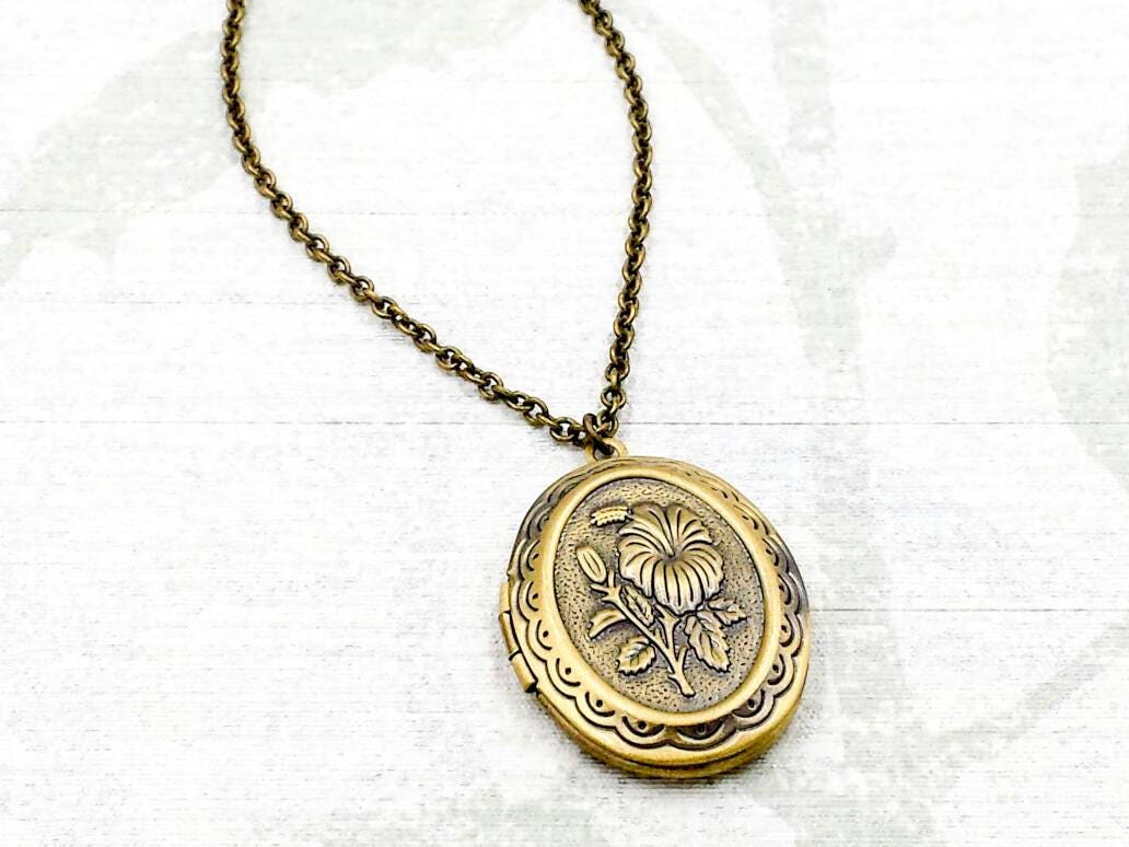 Floral Locket Necklace Hibiscus Flower Picture Locket Brass | Etsy