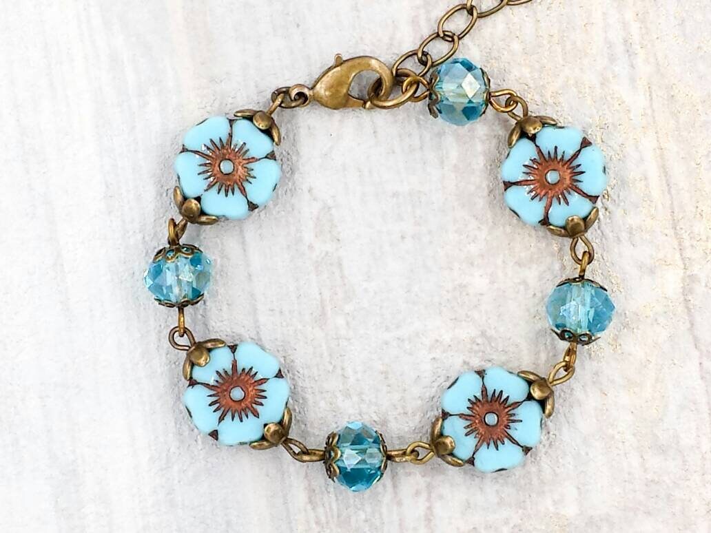 Blue Flower Bracelet Artisan Czech Flower Blue and Bronze - Etsy