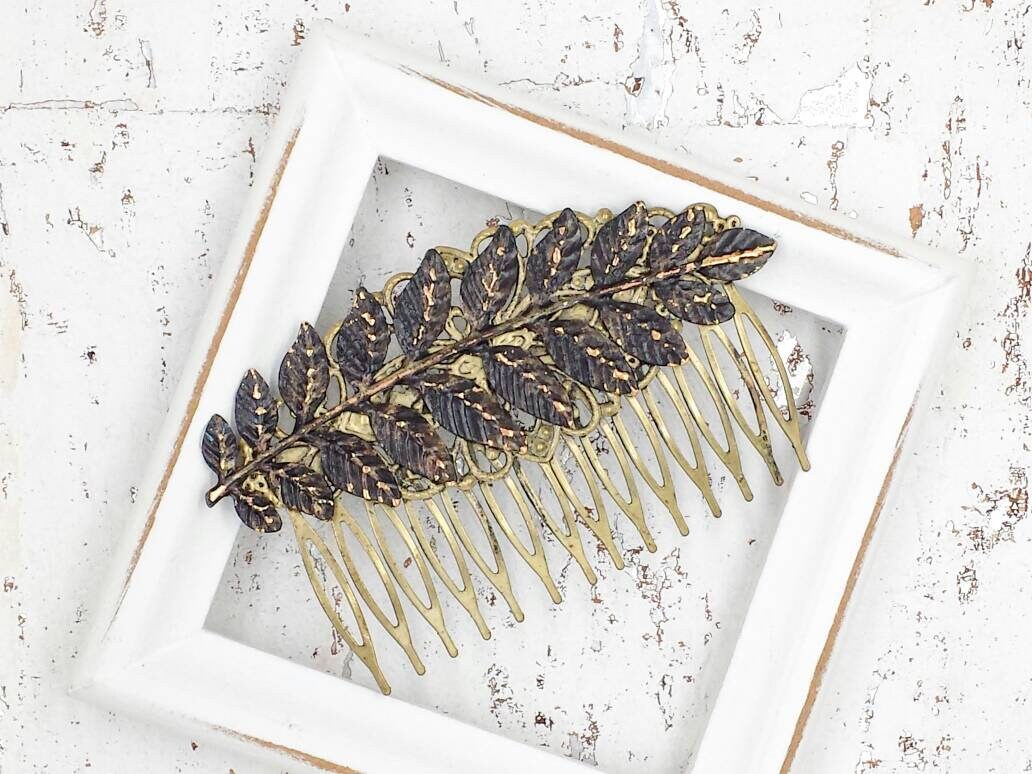 Black and Gold Leaf Comb Black Branch Comb Black Patina Leaf | Etsy