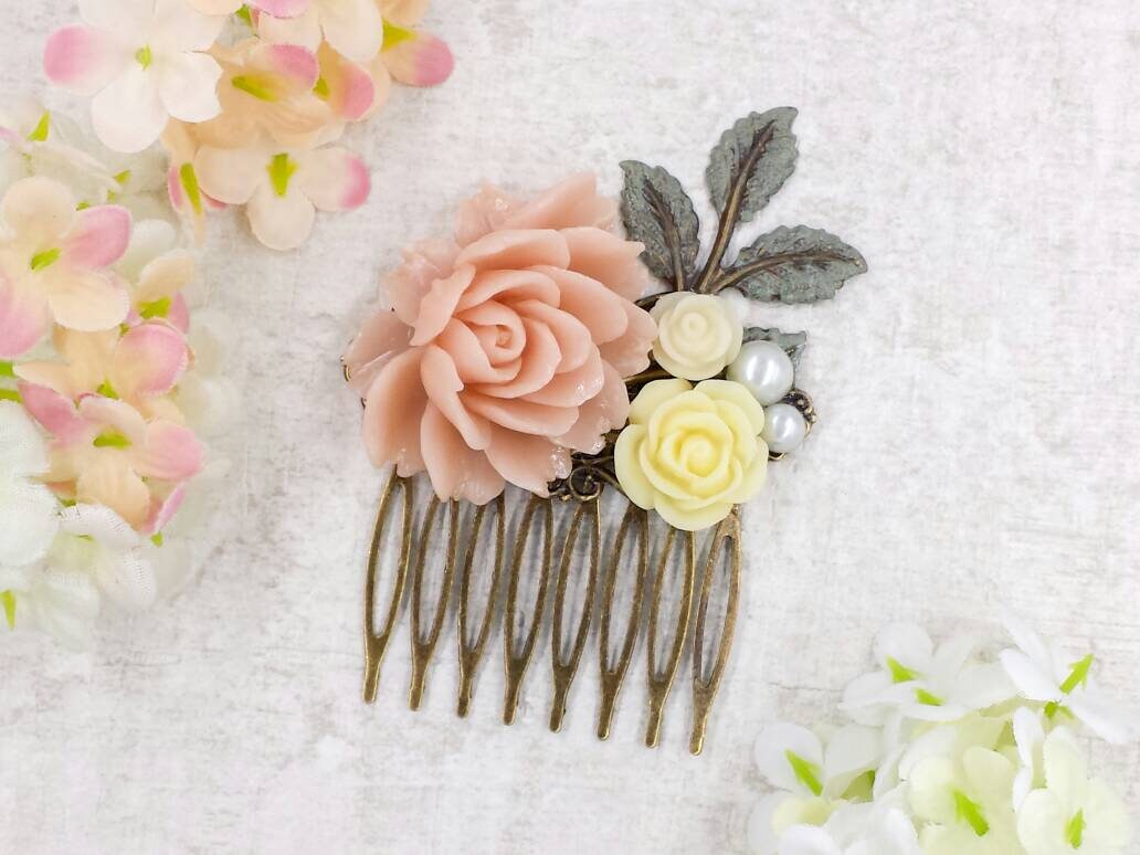 Blush Rose Comb Sage and Soft Pink Rose Flower Hair Comb Pink | Etsy