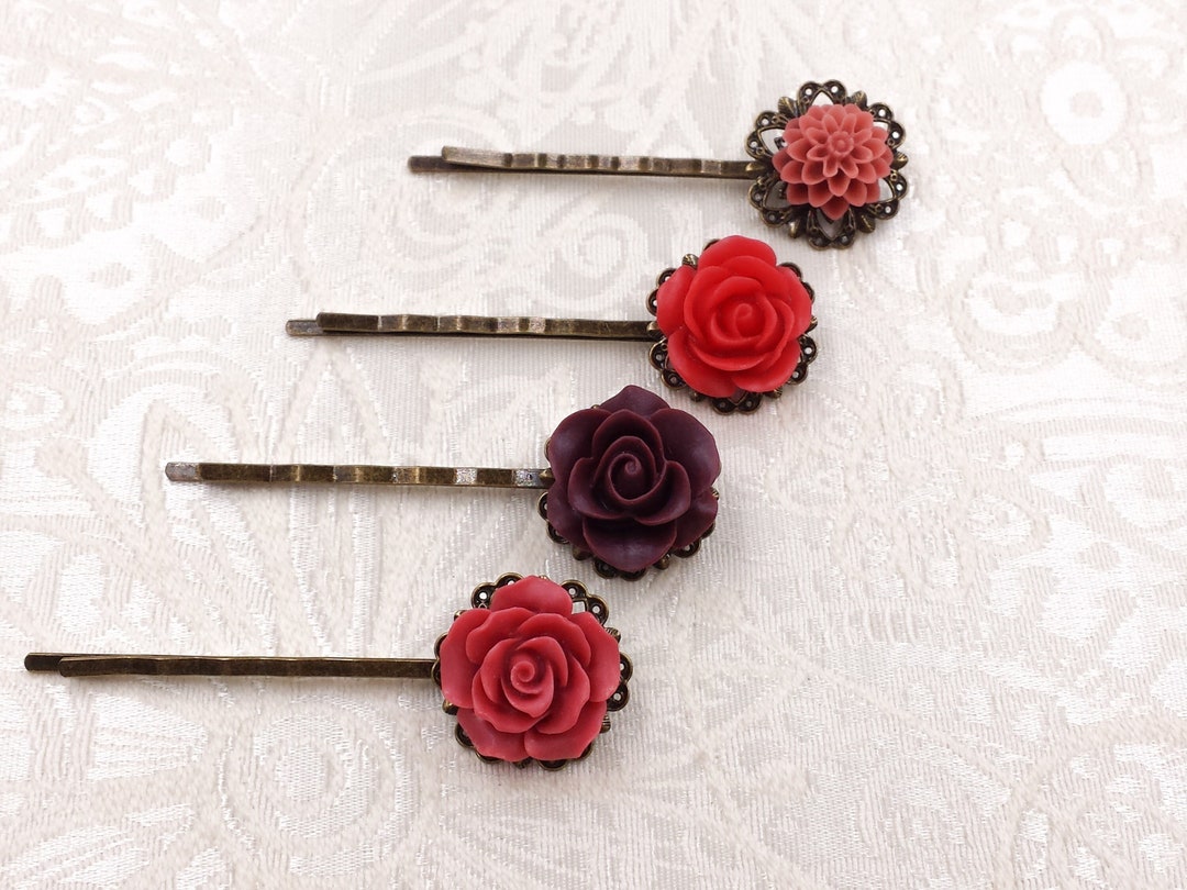 Flower Bobby Pins: Maroon, Pink, Burgundy Roses - Vintage Hair ...