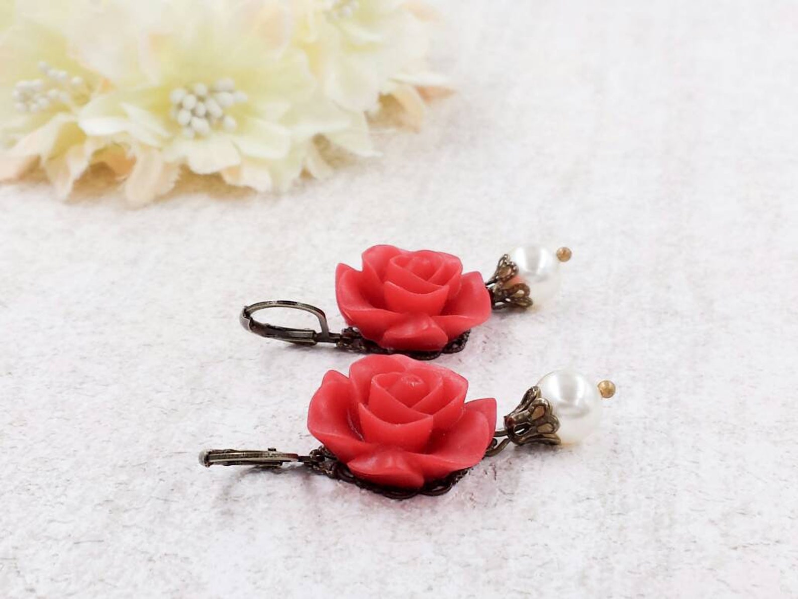Red Rose Earrings Red Flower Cream White Pearl Earrings | Etsy