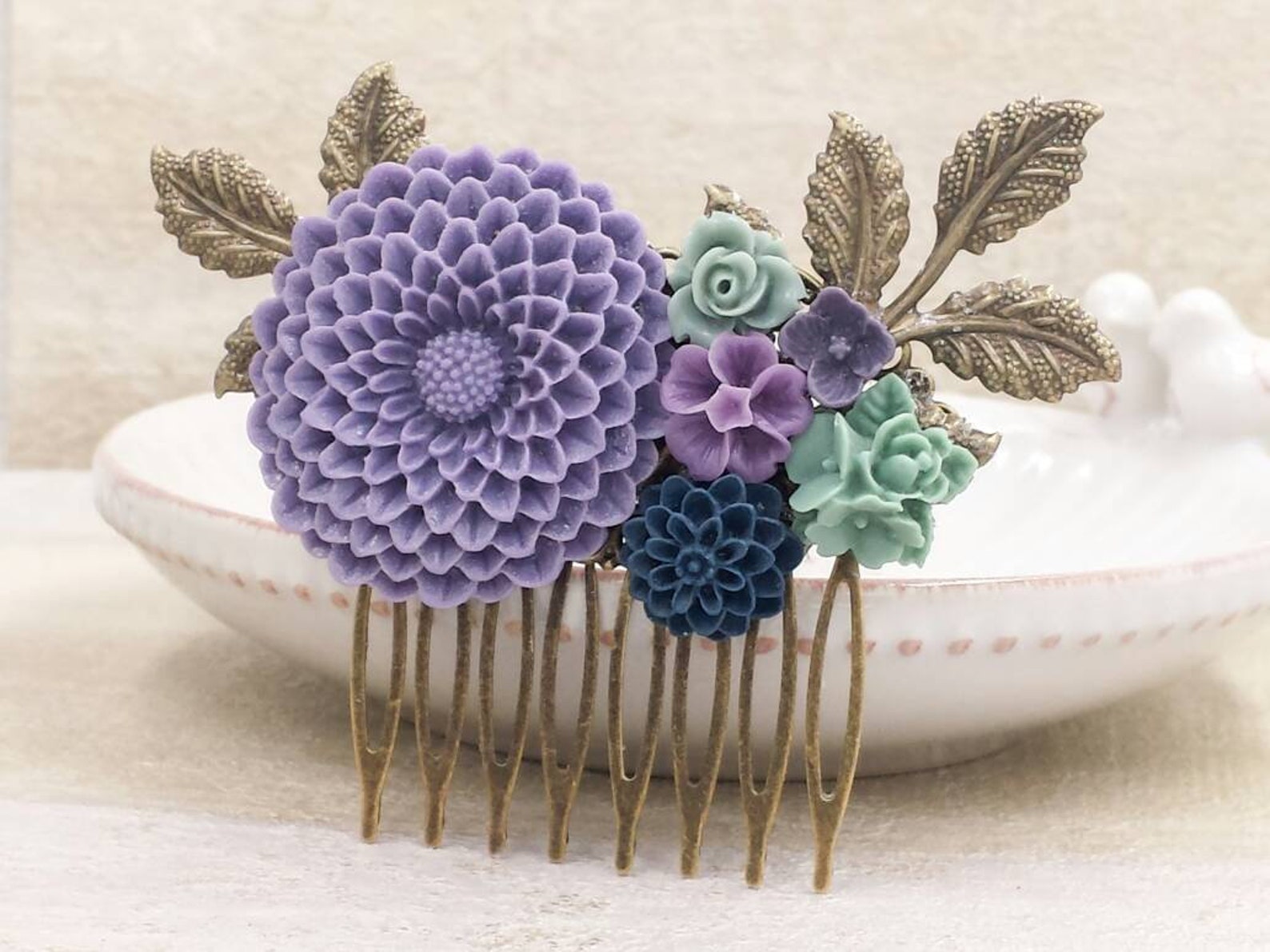 Purple Bridal Comb Purple Peony Dahlia Flower Comb Lavender | Etsy