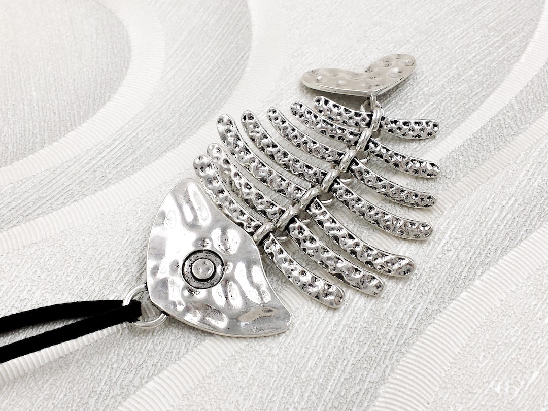 Fishbone Necklace- Long Synthetic Suede Cord Large Skeleton Fish ...