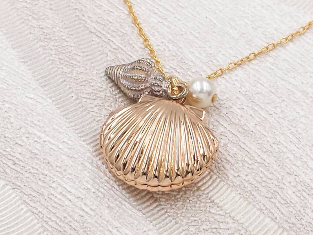 Seashell Locket Necklace- Gold Sea Shell Pendant Ocean Beach Ariel ...
