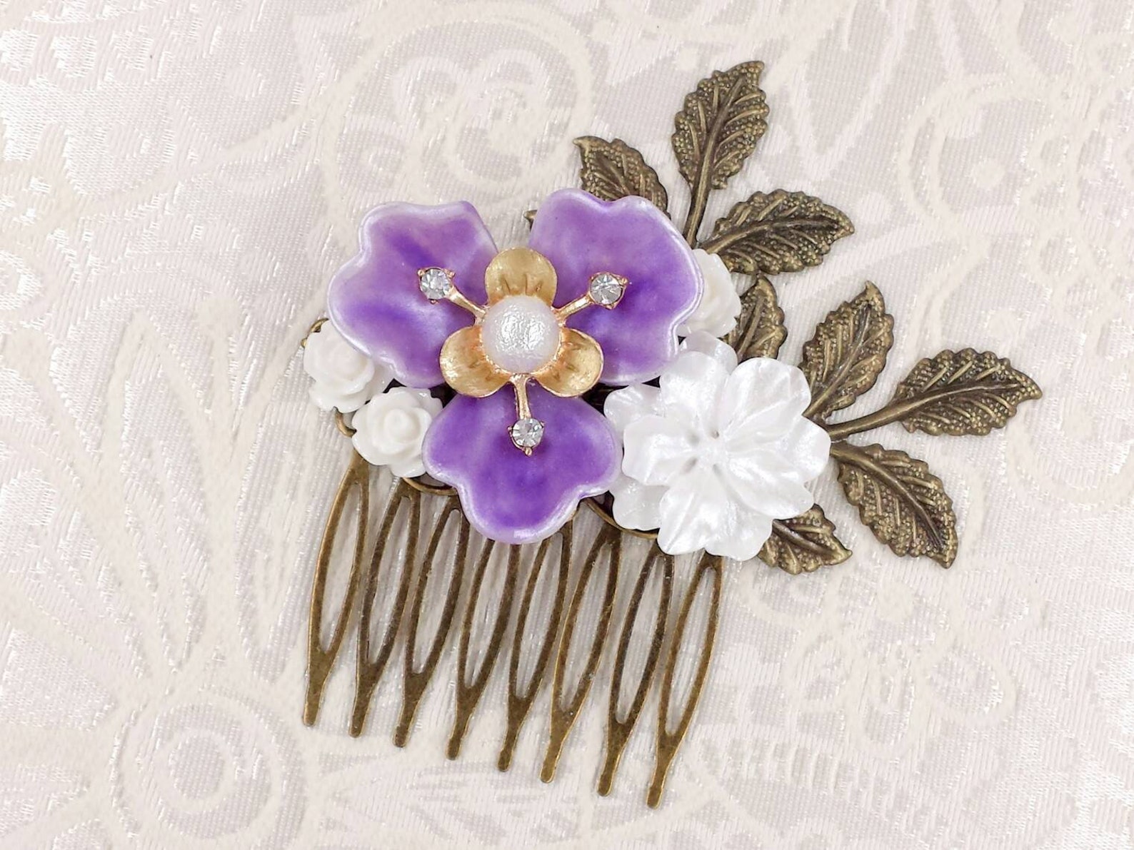 Orchid Hair Comb Purple and Ivory Flower Comb Gardenia Rose | Etsy