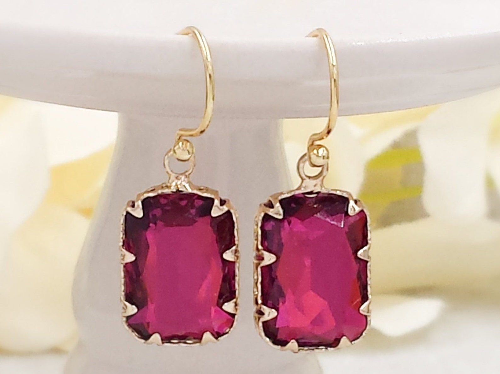 Magenta Glass Crystal Earrings Fuchsia Purple Earrings - Etsy