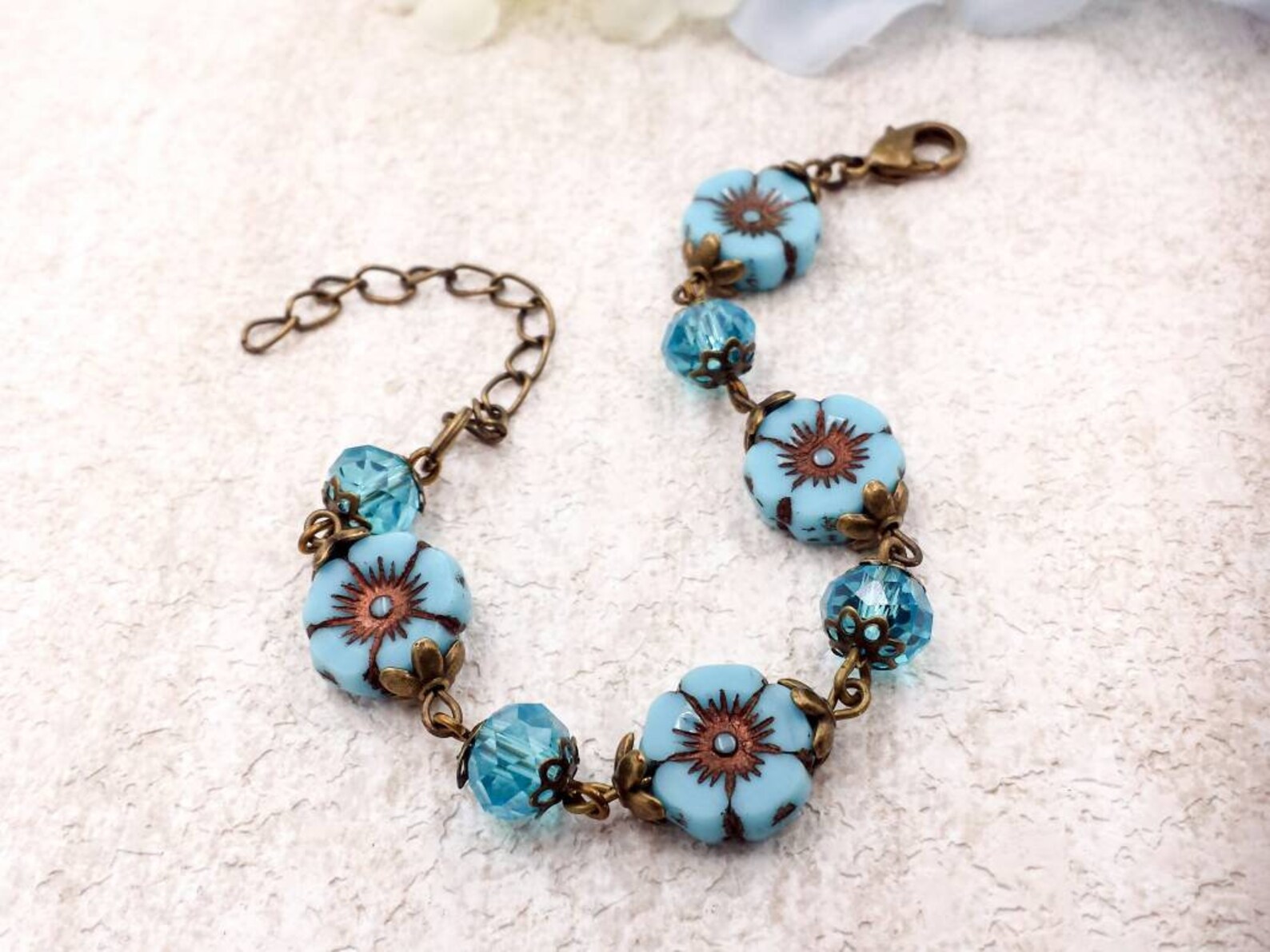 Blue Flower Bracelet Artisan Czech Flower Blue and Bronze - Etsy