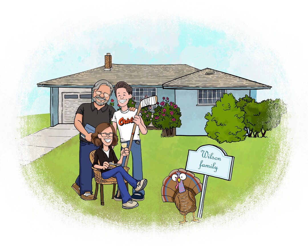 Custom House Drawing From Photo - Cartoon Couple Portrait With Pets ...