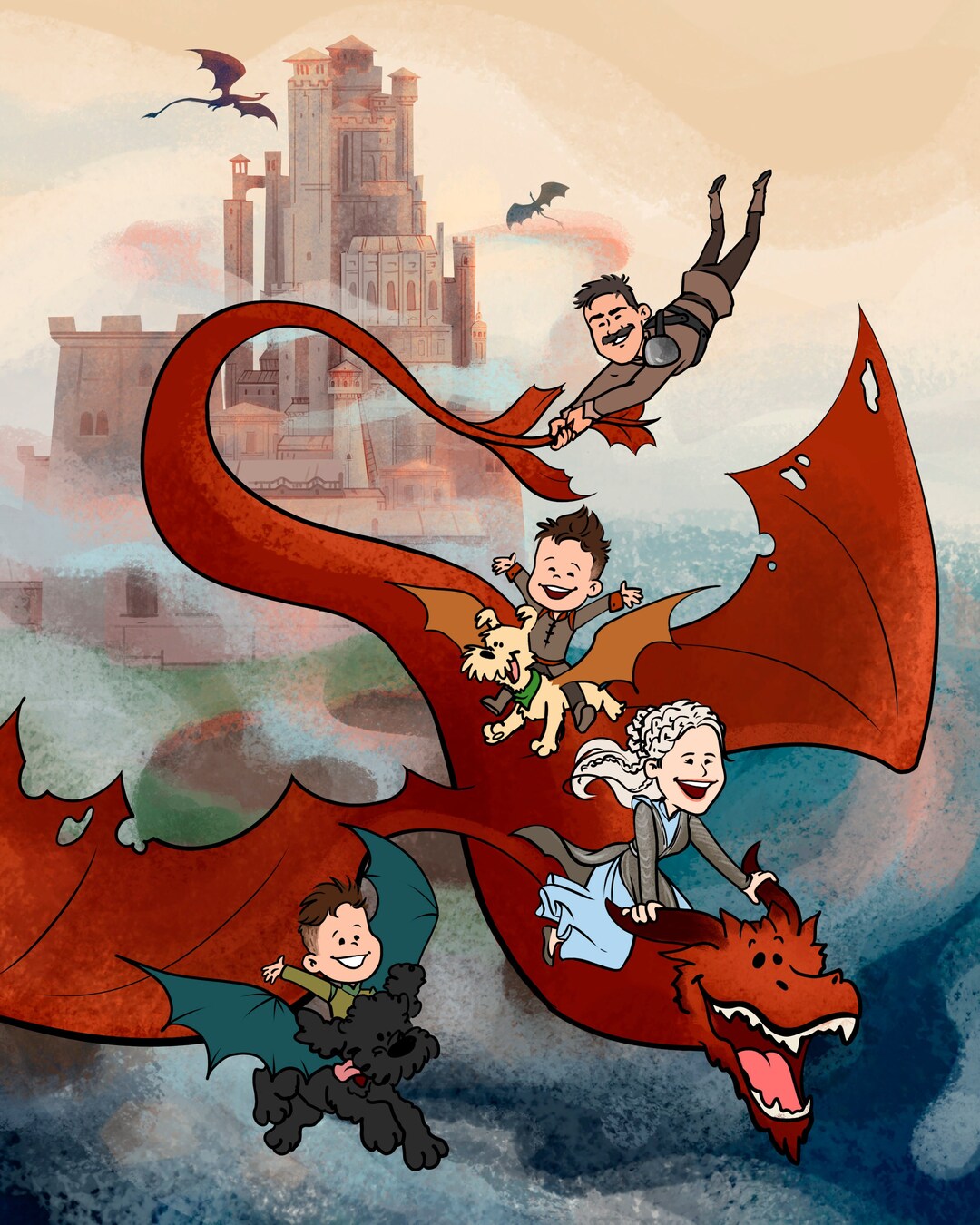 Cartoonized Family on Dragons Portrait, Custom Illustration, Digital ...