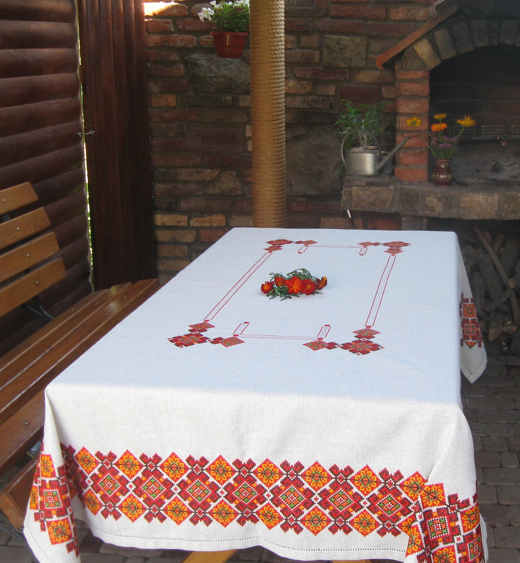 Hand Embroidered Linen Tablecloth: Ethnic Gray Sacred Geometry Design ...