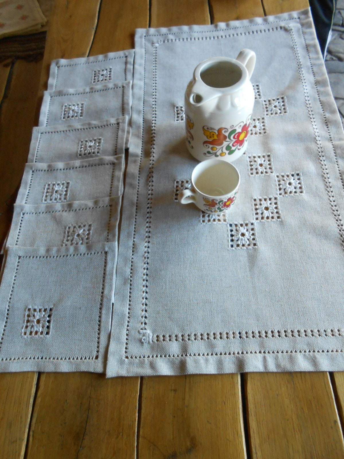 Set of Gray Linen Embroidered Table Runner & 6 Napkins, Rustic Natural ...